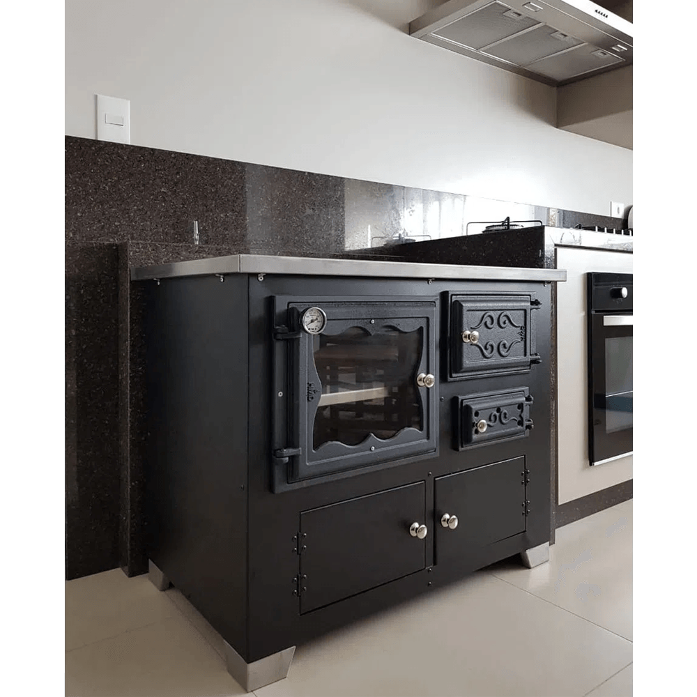 Fogão a Lenha HMD Romano Preto com Chapa de Ferro Escovado - Chaminé ...