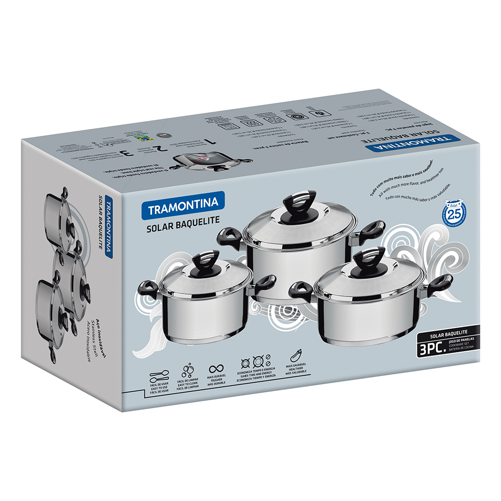 Conjunto De Panelas Tramontina Solar 3 Peças, Inox, Com Tampa E Alças ...